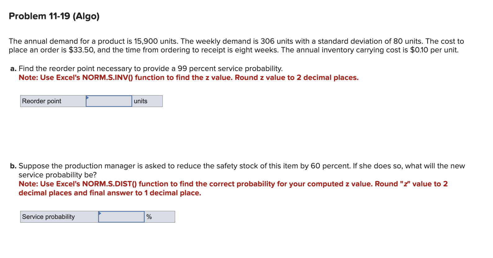Solved Problem 11-19 (Algo)The annual demand for a product | Chegg.com