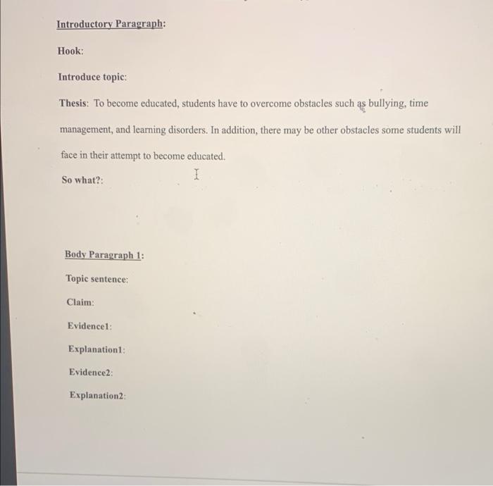 Introductory Paragraph: Hook: Introduce topic: | Chegg.com