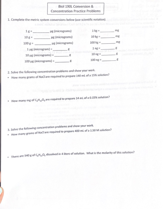 Solved Biol 190L Conversion & Concentration Practice | Chegg.com