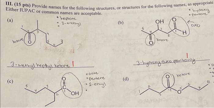 Solved pentere III. (15 pts) Provide names for the following | Chegg.com