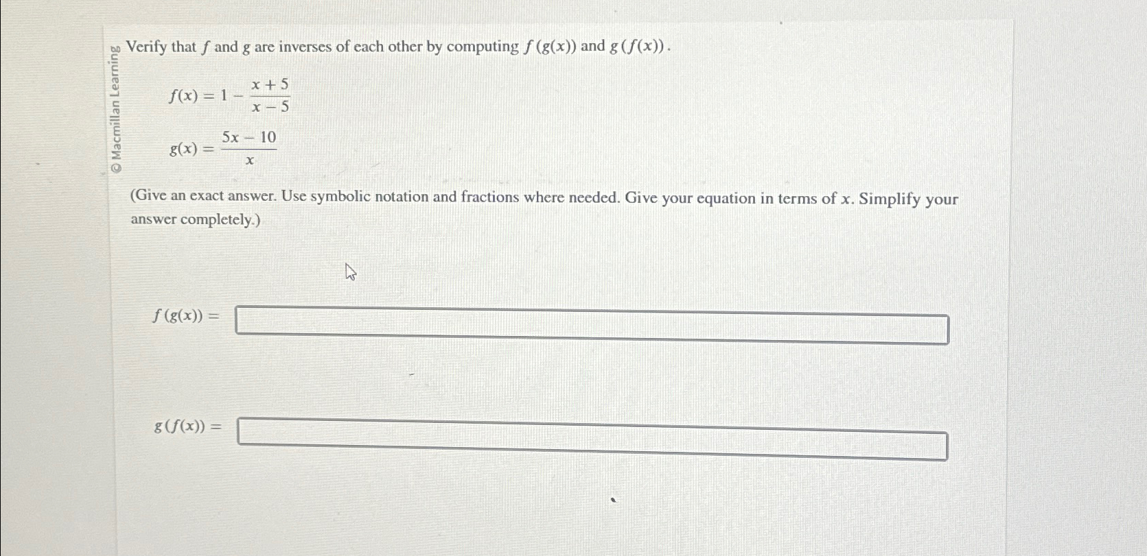 Solved Verify that f ﻿and g ﻿are inverses of each other by | Chegg.com