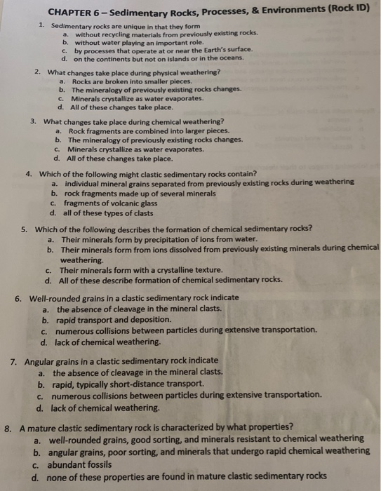 Solved a. CHAPTER 6 - Sedimentary Rocks, Processes, & | Chegg.com