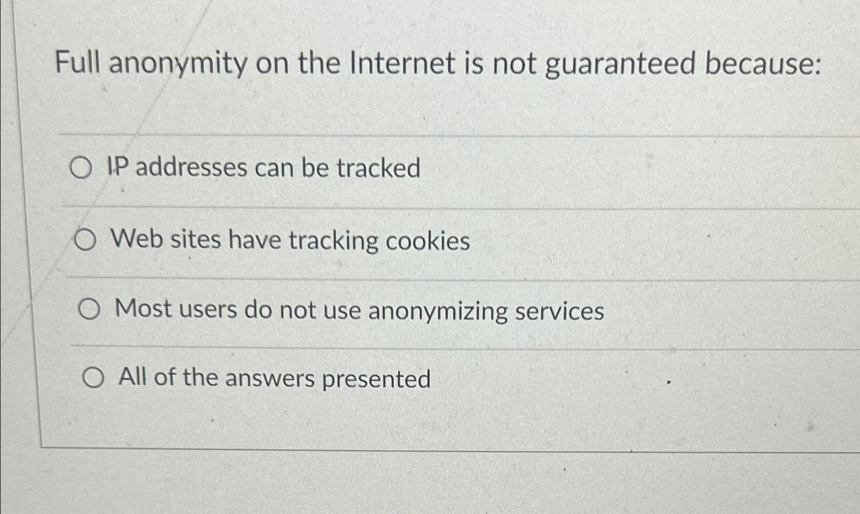 Solved Full anonymity on the Internet is not guaranteed | Chegg.com
