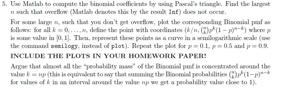 Use Matlab To Compute The Binomial Coefficients By 