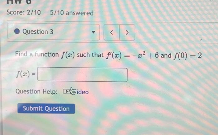 Solved Find a function f(x) such that f′(x)=−x2+6 and f(0)=2 | Chegg.com