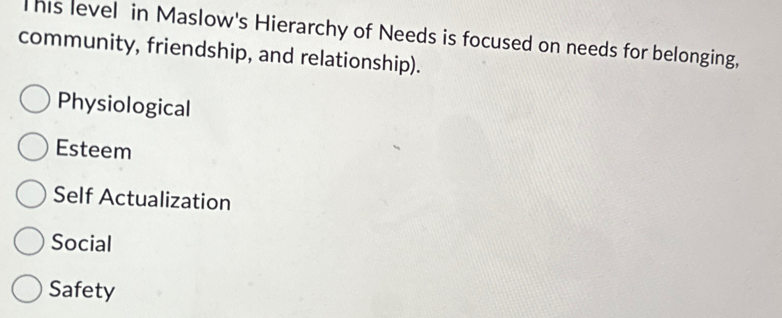 Solved This level in Maslow's Hierarchy of Needs is focused | Chegg.com