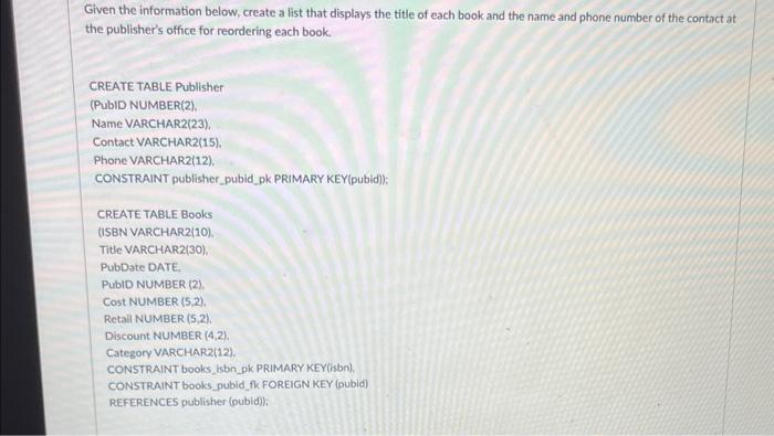 Solved Given the information below, create a list that | Chegg.com
