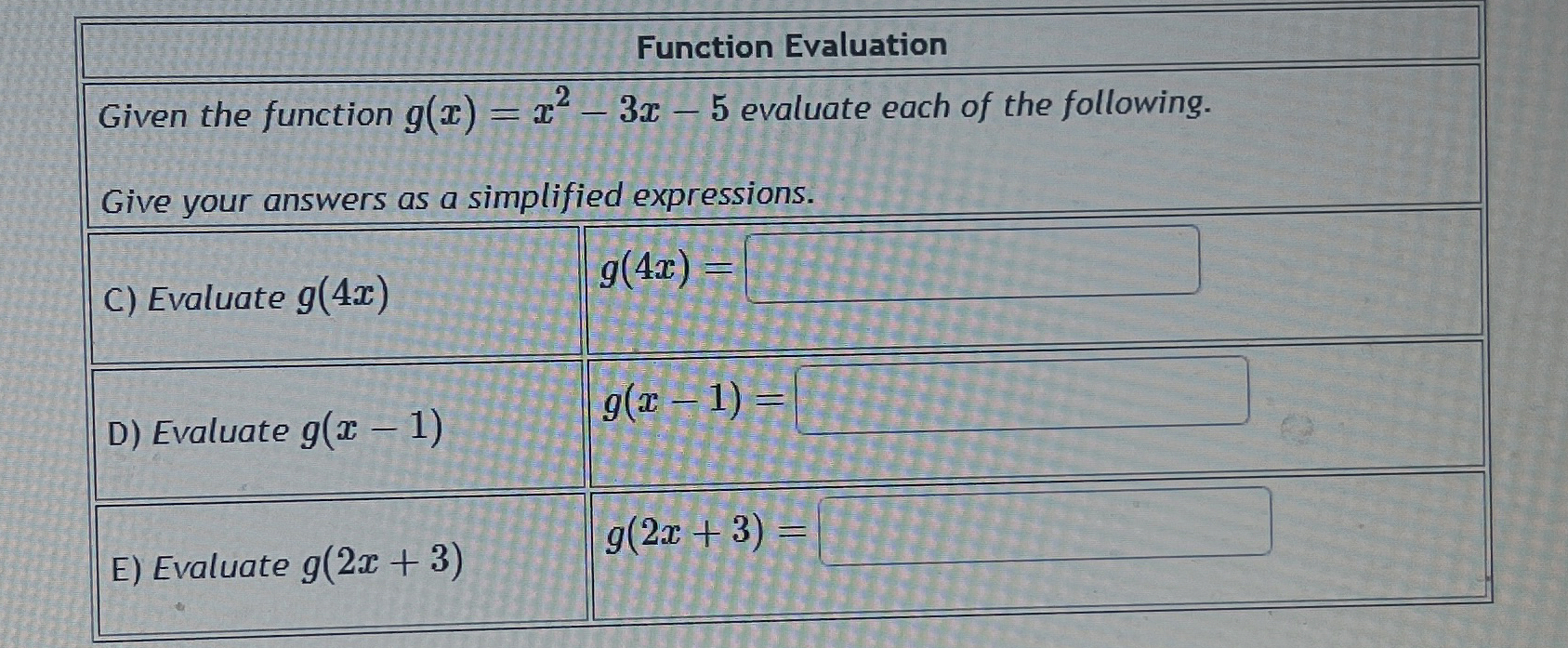 Solved Function EvaluationGiven the function g(x)=x2-3x-5 | Chegg.com