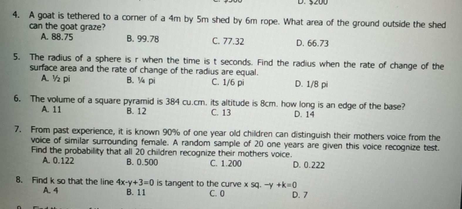 Solved $ 200 4. A goat is tethered to a corner of a 4m by 5m | Chegg.com