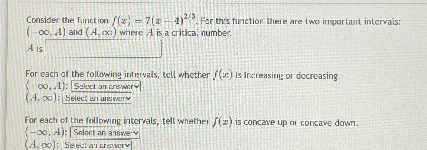 Solved Consider the function f(x)=7(x-4)23. ﻿For this | Chegg.com