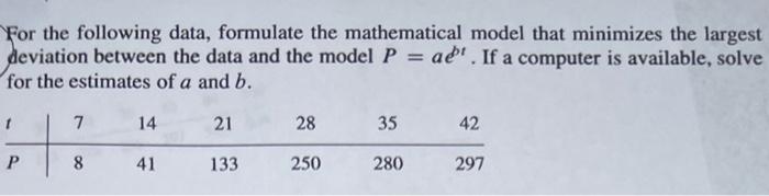Solved For the following data, formulate the mathematical | Chegg.com