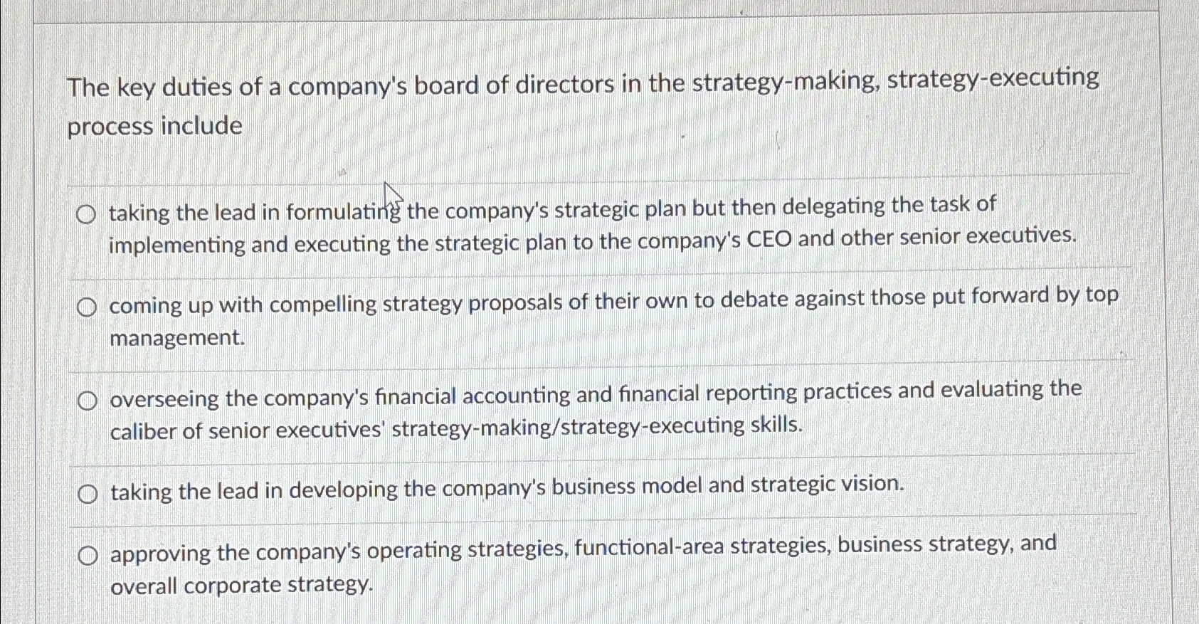 Solved The key duties of a company's board of directors in | Chegg.com