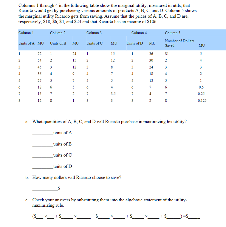 Solved Columns 1 ﻿through 4 ﻿in the following table show the | Chegg.com