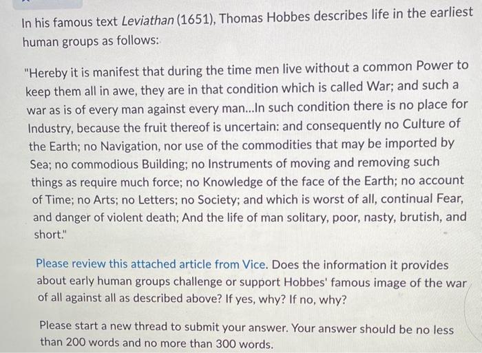 In his famous text Leviathan (1651), Thomas Hobbes | Chegg.com