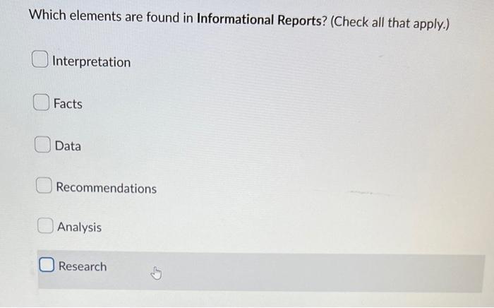 Solved Which elements are found in Informational Reports? | Chegg.com