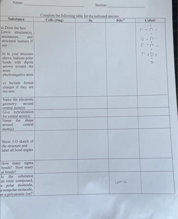 Solved Name: Section: Complete the following table for the | Chegg.com