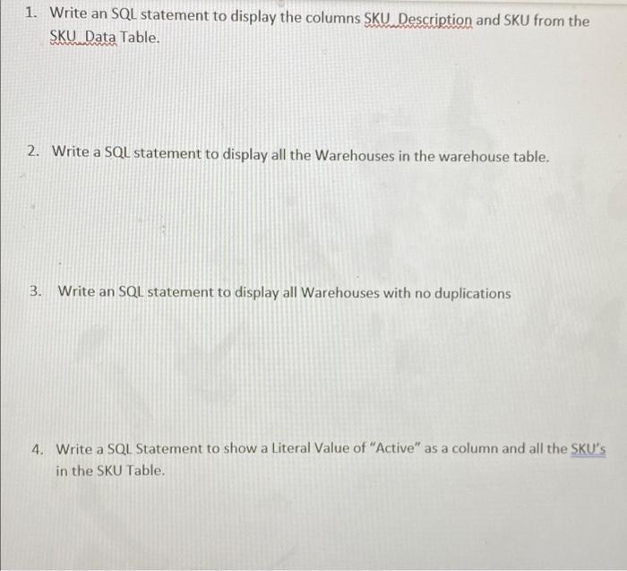Solved 1. Write an SQL statement to display the columns SKU. | Chegg.com