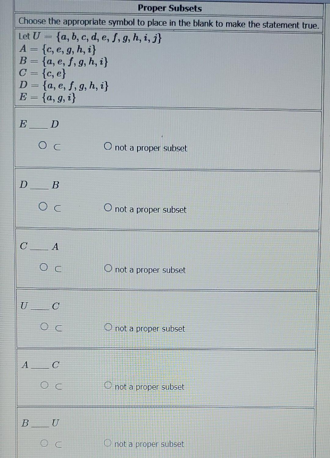 Solved \begin{tabular}{l} Proper Subsets \\ \hline \hline | Chegg.com