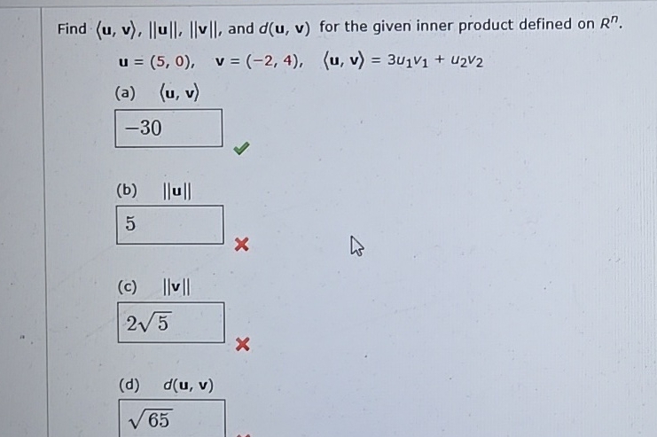 Solved Find (:u,v:),||u||,||v||, ﻿and d(u,v) ﻿for the given | Chegg.com