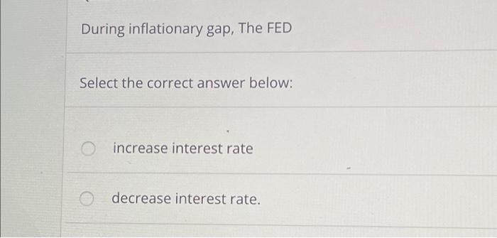 Solved During inflationary gap, The FED Select the correct | Chegg.com