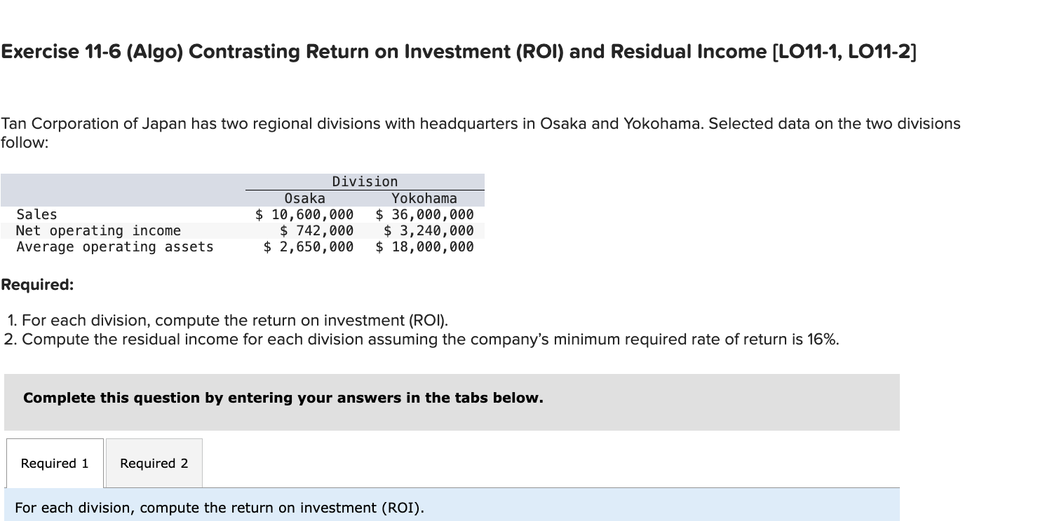 Solved Exercise 11-6 (Algo) ﻿Contrasting Return on | Chegg.com