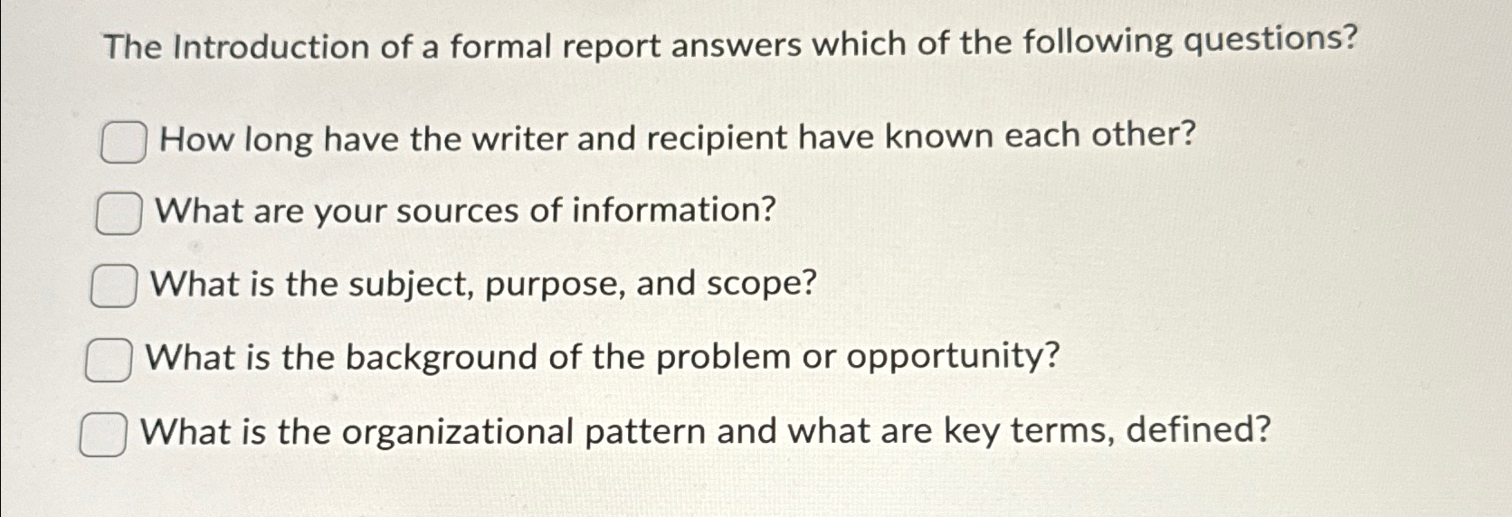 Solved The Introduction of a formal report answers which of | Chegg.com