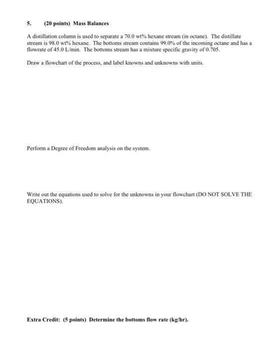 Solved 5. (20 points) Mass Balances A distillation column is | Chegg.com