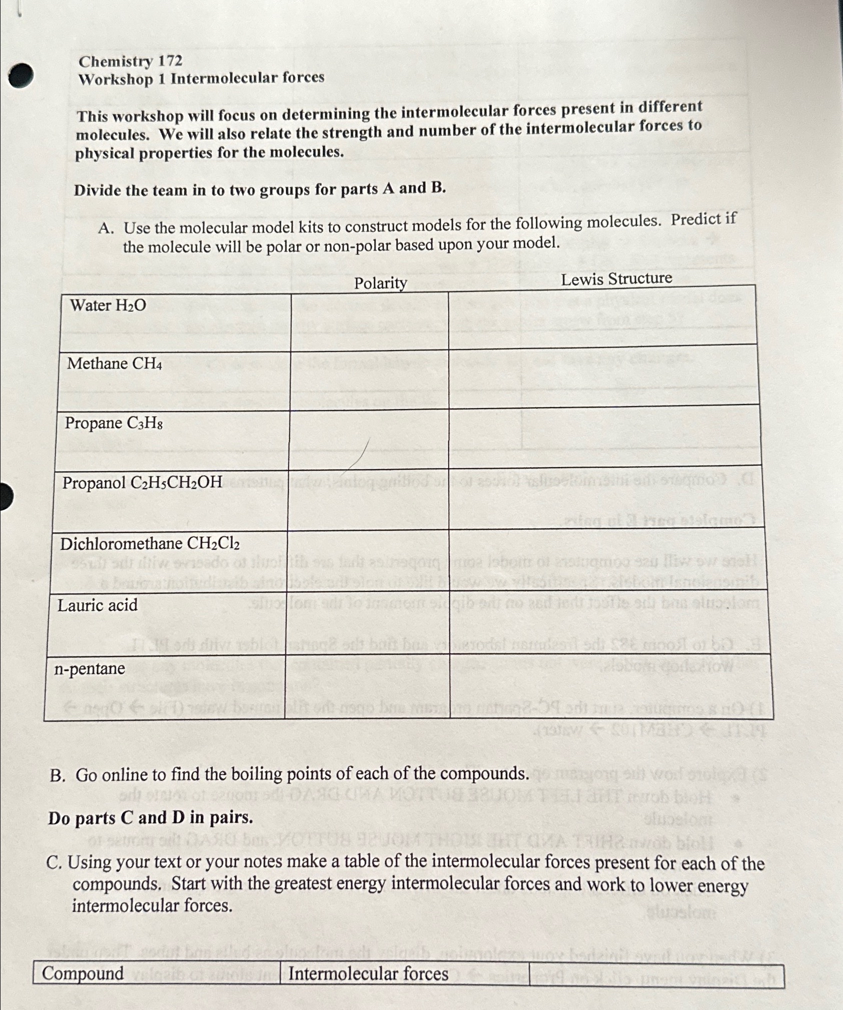 Solved Chemistry 172Workshop 1 ﻿Intermolecular forcesThis | Chegg.com