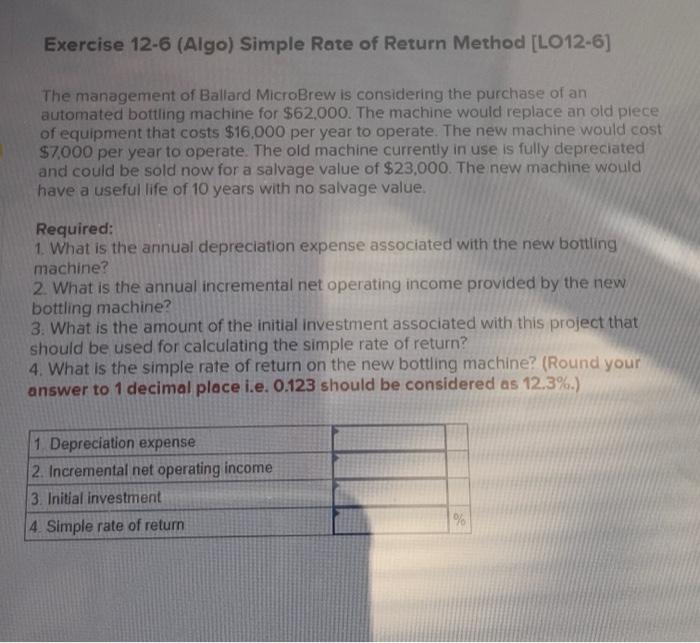 Solved Exercise 12-6 (Algo) Simple Rate of Return Method | Chegg.com