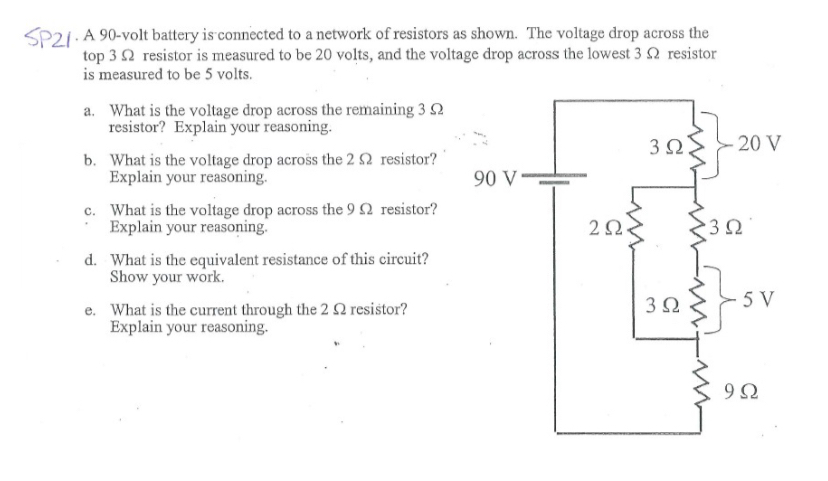 Solved SP21. ﻿A 90-volt battery is connected to a network of | Chegg.com