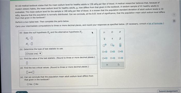 Solved An oid medical textbook states that the mean sodium | Chegg.com