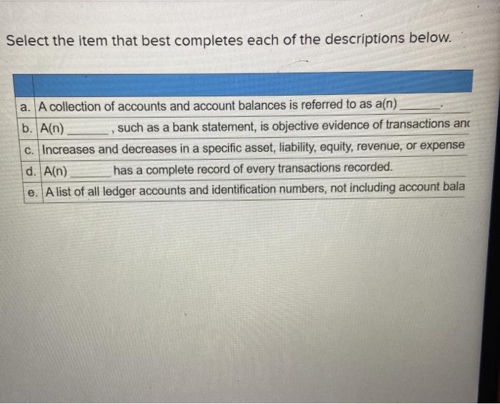 Solved Select the item that best completes each of the | Chegg.com