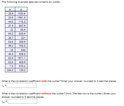 Solved The following bivariate data set contains an | Chegg.com