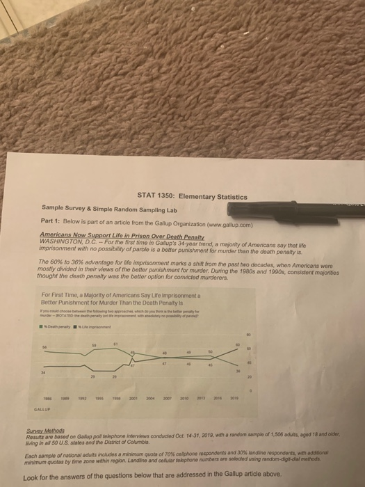 STAT 1350: Elementary Statistics Sample Survey & | Chegg.com
