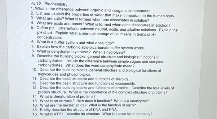 Solved Part 1: Basic Chemistry. Part 2: Biochemistry 1. What | Chegg.com