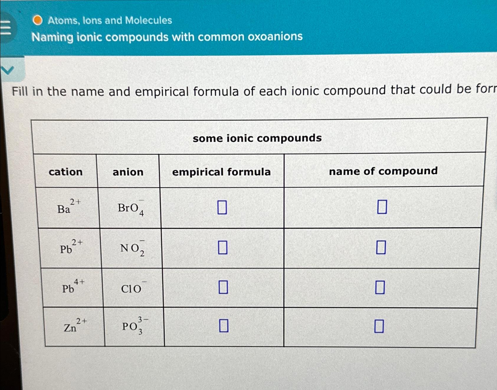 Solved Atoms, lons and MoleculesNaming ionic compounds with | Chegg.com