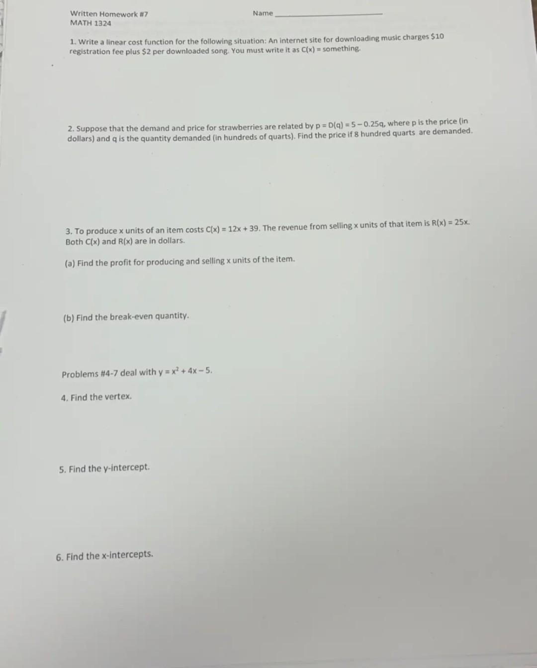 Solved Name Written Homework #7 MATH 1324 1. Write a linear | Chegg.com