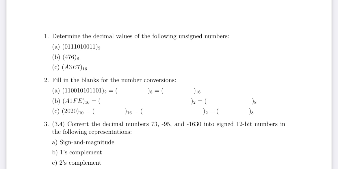 Solved Determine the decimal values of the following | Chegg.com