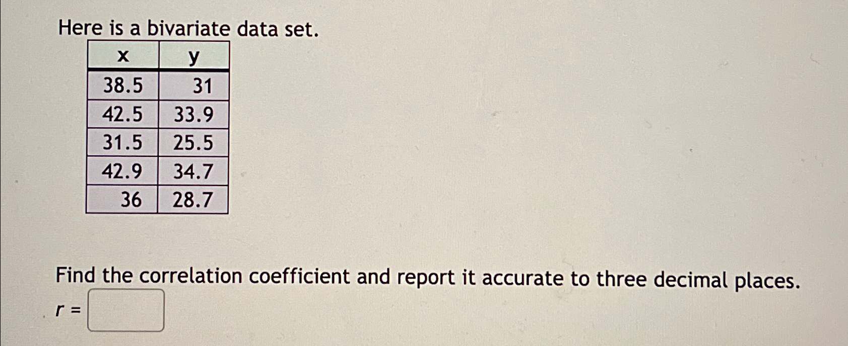 Here is a bivariate data set.\table[[x,y | Chegg.com