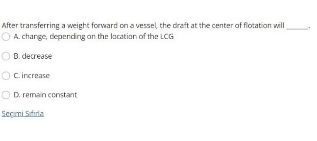 Solved After transferring a weight forward on a vessel, the | Chegg.com