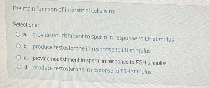 Solved The main function of interstitial cells is to: Select | Chegg.com