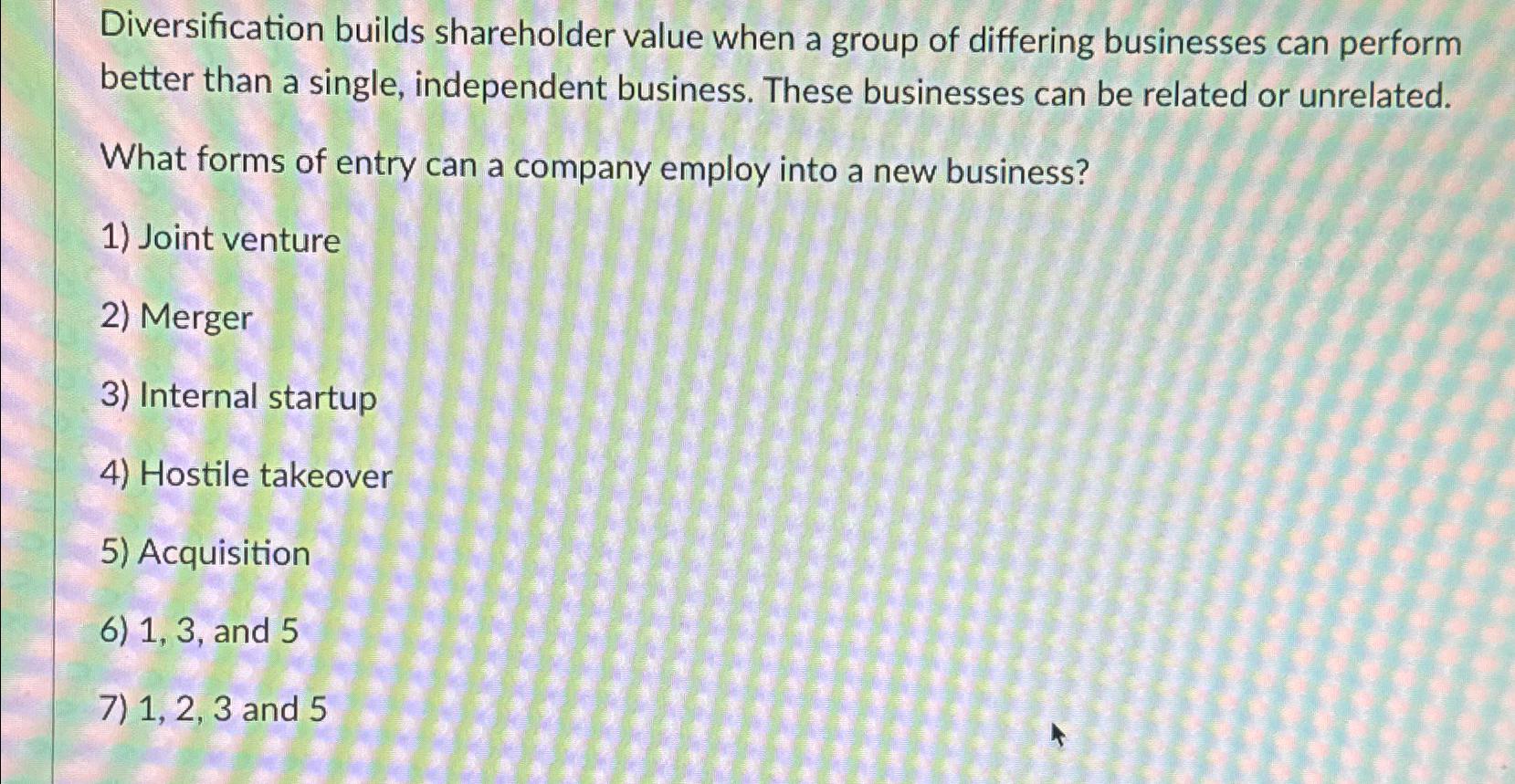 Solved Diversification builds shareholder value when a group | Chegg.com