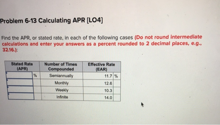Solved Problem 6-13 Calculating APR (LO4) Find the APR, or | Chegg.com