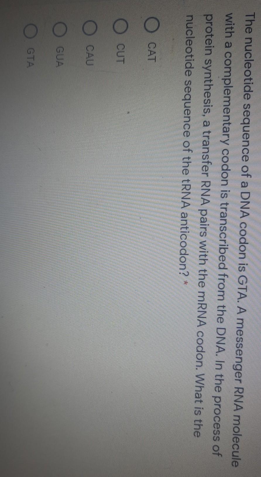 Solved The nucleotide sequence of a DNA codon is GTA. A | Chegg.com