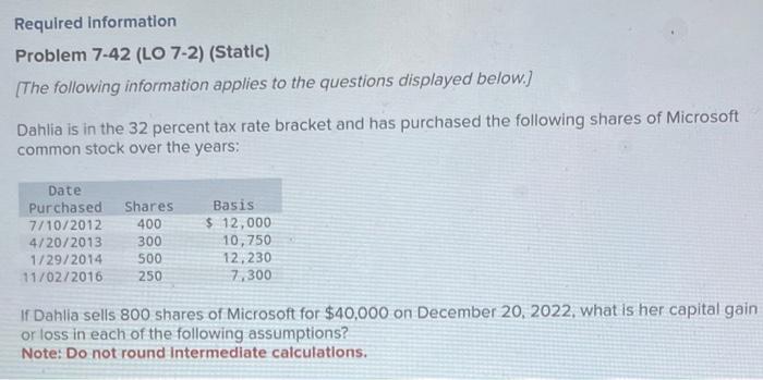 Solved Required information Problem 7-42 (LO 7-2) (Static) | Chegg.com Solved Required information Problem 7-42 (LO 7-2) (Static) | Chegg.com