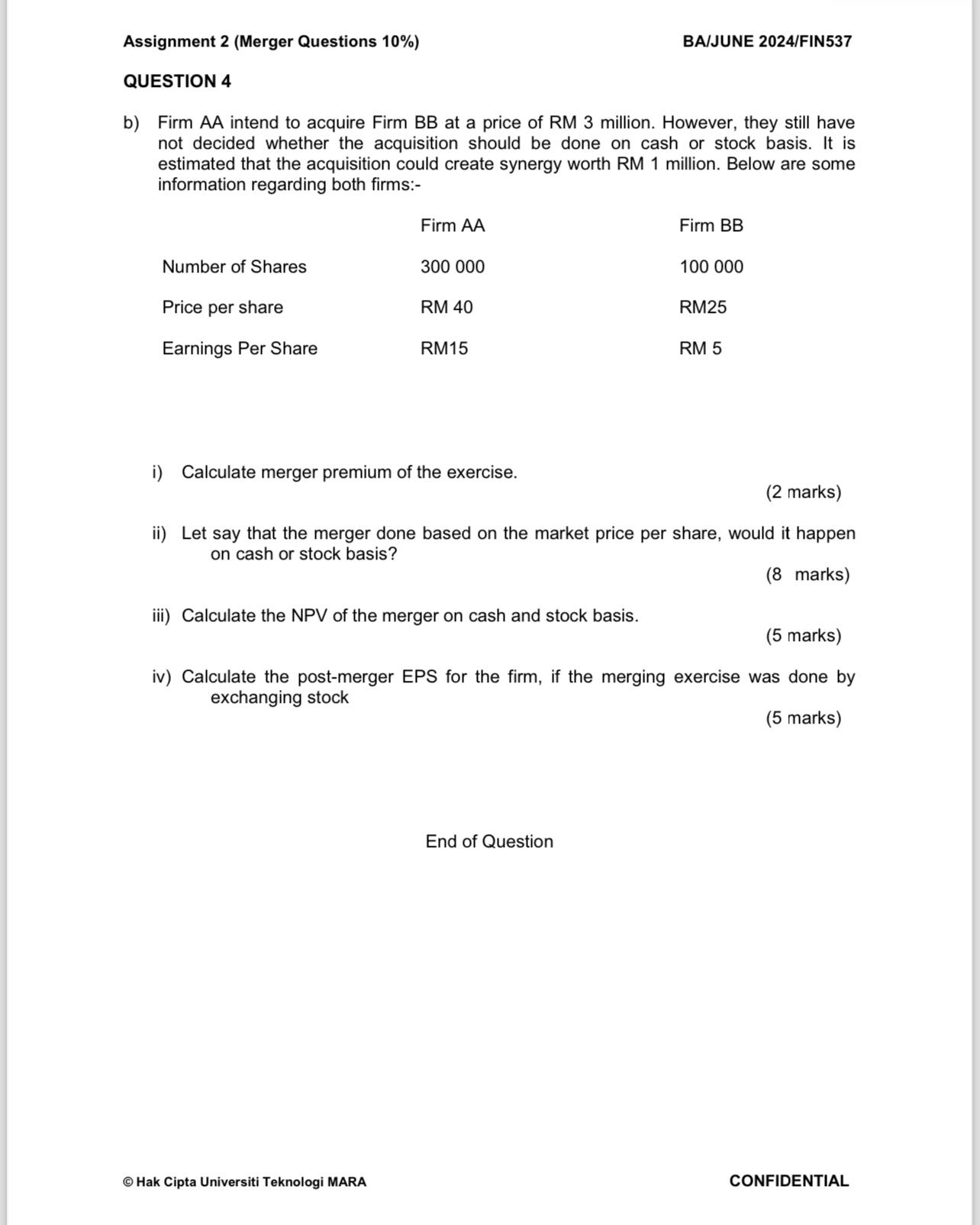 Solved Assignment 2 (Merger Questions 10%)BA/JUNE | Chegg.com