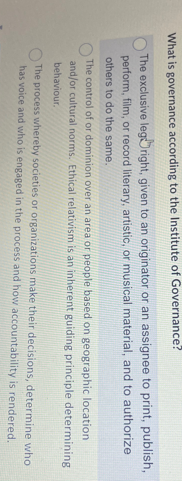 Solved What is governance according to the Institute of | Chegg.com