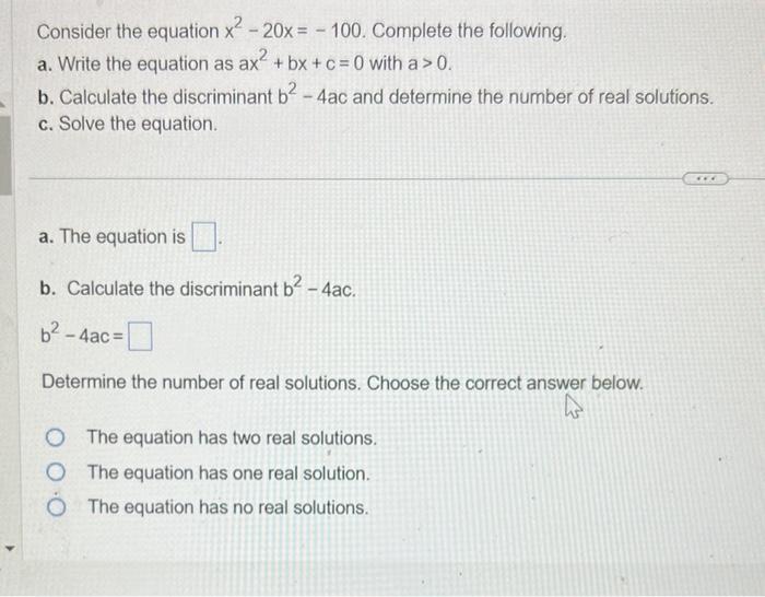 Solved Consider the equation x2−20x=−100. Complete the | Chegg.com