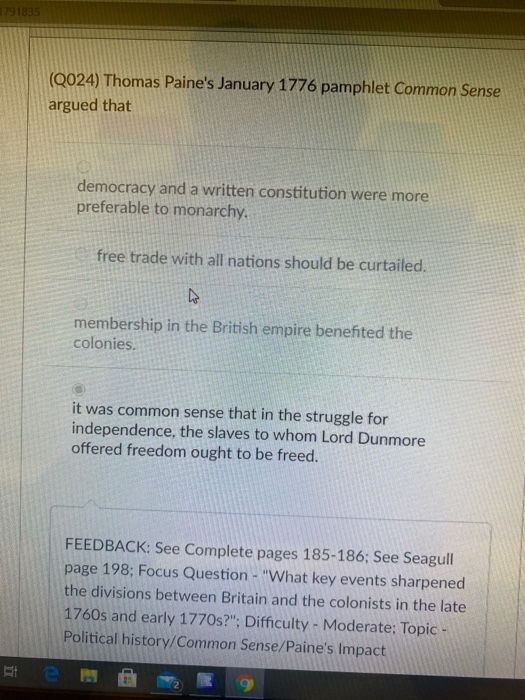 Solved 1791835 (Q024) Thomas Paine's January 1776 pamphlet | Chegg.com