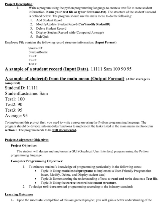 Project Description: Write a program using the python | Chegg.com
